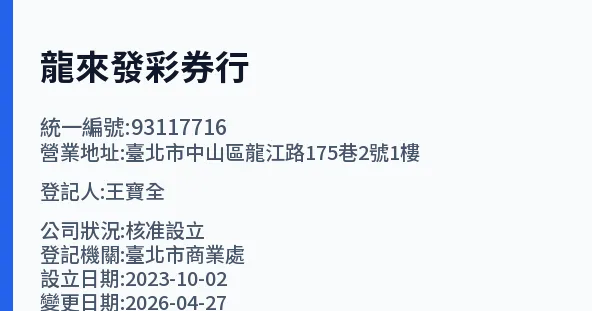 龍來發彩券行的照片-統編 93117716(臺北市) 公司登記資料與營業項目詳細圖表