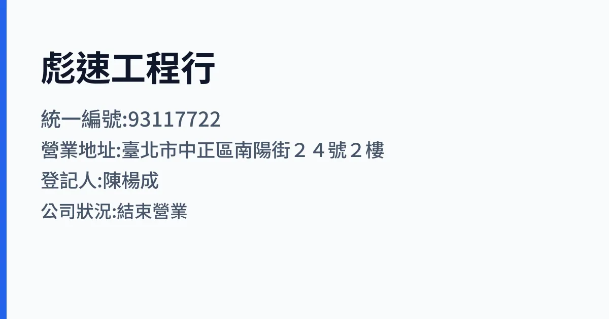 彪速工程行 - 統編 93117722(臺北市) 公司登記資料與營業項目詳細圖表