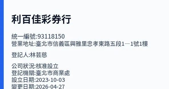 利百佳彩券行的照片-統編 93118150(臺北市) 公司登記資料與營業項目詳細圖表