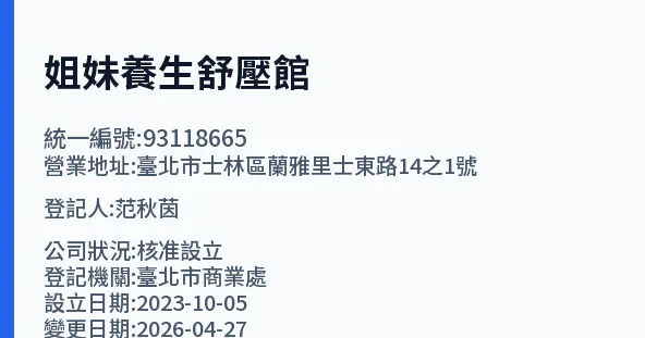 姐妹養生舒壓館的照片-統編 93118665(臺北市) 公司登記資料與營業項目詳細圖表