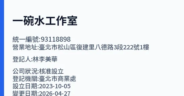 一碗水工作室的照片-統編 93118898(臺北市) 公司登記資料與營業項目詳細圖表