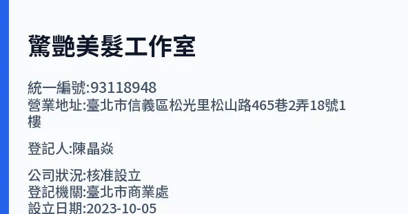 驚艷美髮工作室的照片-統編 93118948(臺北市) 公司登記資料與營業項目詳細圖表