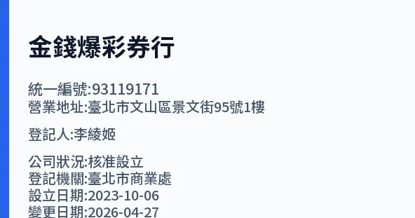 金錢爆彩券行的照片-統編 93119171(臺北市) 公司登記資料與營業項目詳細圖表