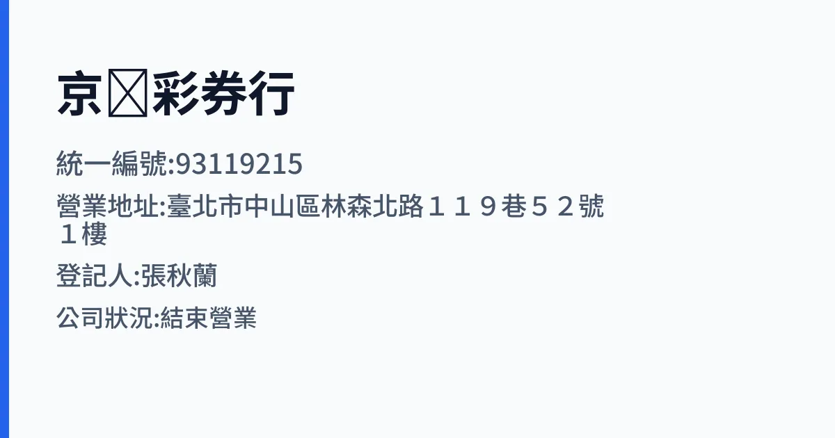 京濽彩券行 - 統編 93119215(臺北市) 公司登記資料與營業項目詳細圖表