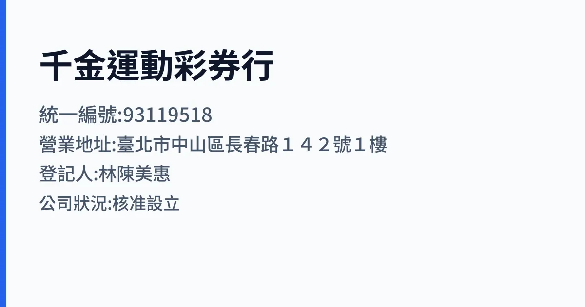 千金運動彩券行 - 統編 93119518(臺北市) 公司登記資料與營業項目詳細圖表