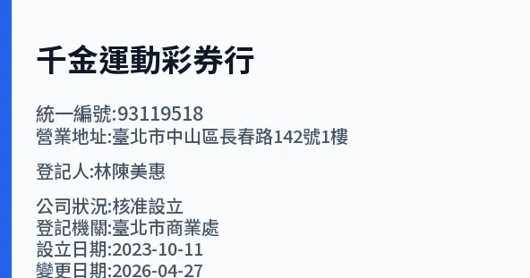 千金運動彩券行的照片-統編 93119518(臺北市) 公司登記資料與營業項目詳細圖表