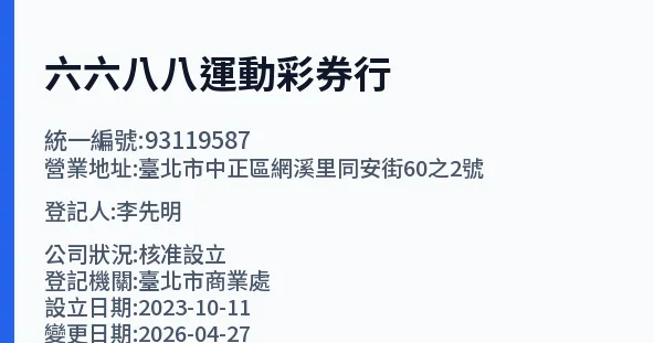 六六八八運動彩券行的照片-統編 93119587(臺北市) 公司登記資料與營業項目詳細圖表
