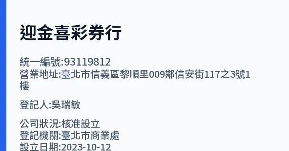 迎金喜彩券行的照片-統編 93119812(臺北市) 公司登記資料與營業項目詳細圖表