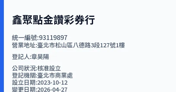 鑫聚點金讚彩券行的照片-統編 93119897(臺北市) 公司登記資料與營業項目詳細圖表