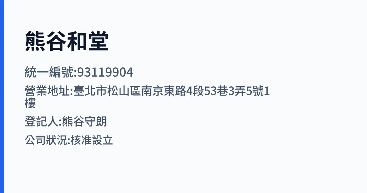 熊谷和堂 - 統編 93119904(臺北市) 公司登記資料與營業項目詳細圖表