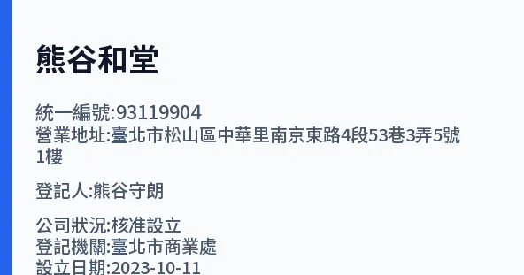 熊谷和堂的照片-統編 93119904(臺北市) 公司登記資料與營業項目詳細圖表