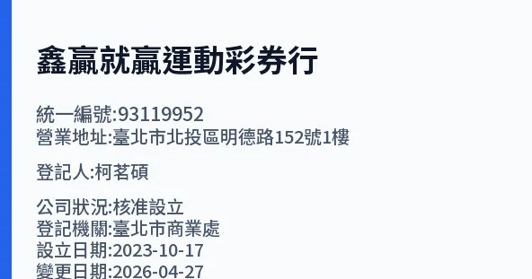鑫贏就贏運動彩券行的照片-統編 93119952(臺北市) 公司登記資料與營業項目詳細圖表
