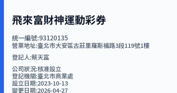 飛來富財神運動彩券的照片-統編 93120135(臺北市) 公司登記資料與營業項目詳細圖表