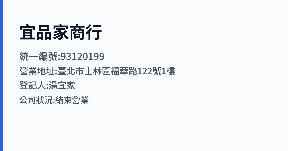 宜品家商行 - 統編 93120199(臺北市) 公司登記資料與營業項目詳細圖表
