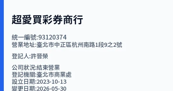 超愛買彩券商行的照片-統編 93120374(臺北市) 公司登記資料與營業項目詳細圖表