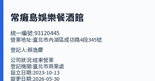 常癱島娛樂餐酒館的照片-統編 93120445(臺北市) 公司登記資料與營業項目詳細圖表