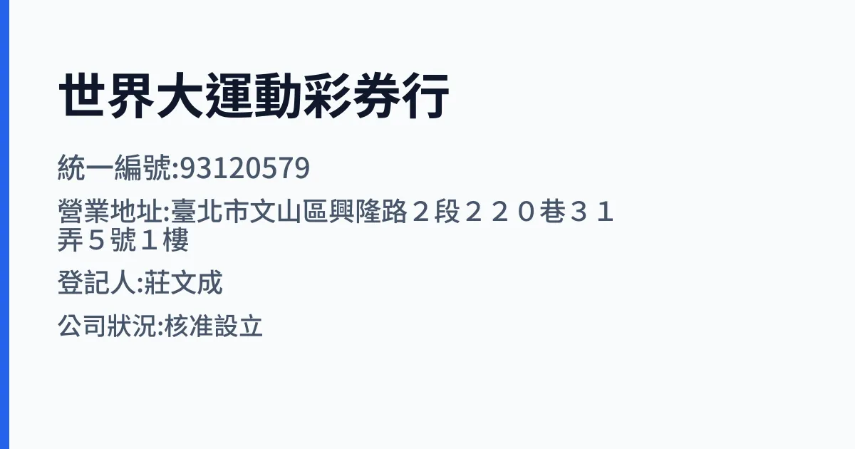 世界大運動彩券行 - 統編 93120579(臺北市) 公司登記資料與營業項目詳細圖表