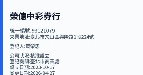 榮億中彩券行的照片-統編 93121079(臺北市) 公司登記資料與營業項目詳細圖表