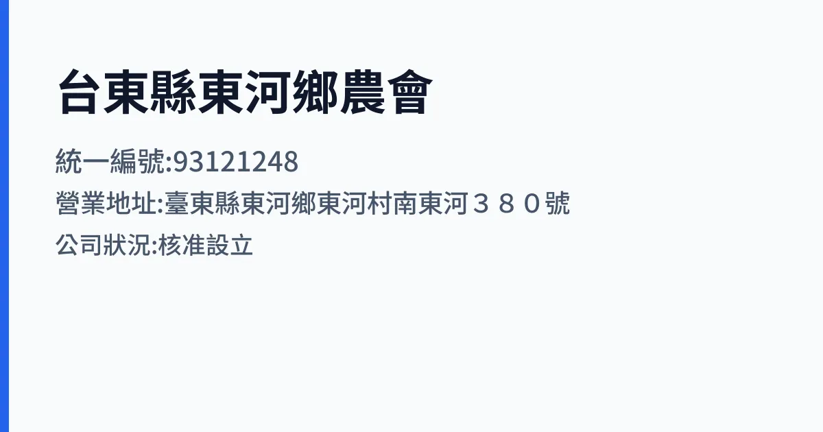 台東縣東河鄉農會 - 統編 93121248(臺東縣) 公司登記資料與營業項目詳細圖表