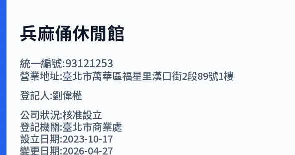 兵麻俑休閒館的照片-統編 93121253(臺北市) 公司登記資料與營業項目詳細圖表
