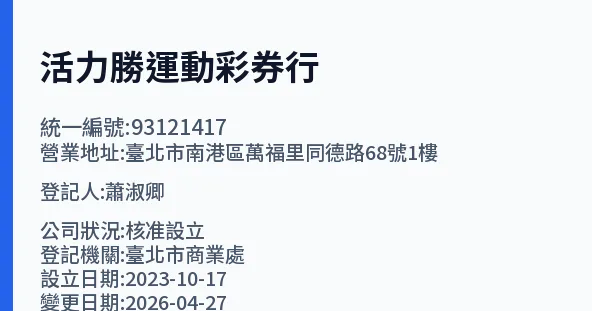 活力勝運動彩券行的照片-統編 93121417(臺北市) 公司登記資料與營業項目詳細圖表