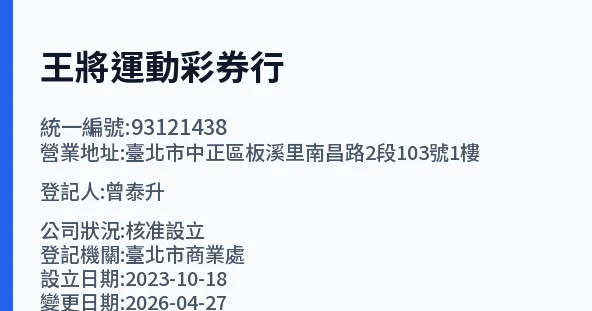 王將運動彩券行的照片-統編 93121438(臺北市) 公司登記資料與營業項目詳細圖表