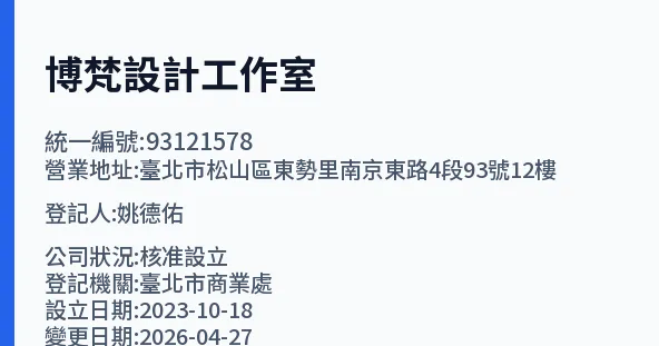 博梵設計工作室的照片-統編 93121578(臺北市) 公司登記資料與營業項目詳細圖表