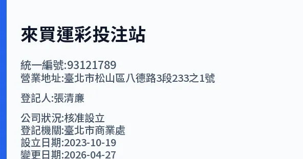 來買運彩投注站的照片-統編 93121789(臺北市) 公司登記資料與營業項目詳細圖表