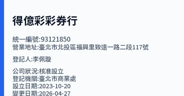 得億彩彩券行的照片-統編 93121850(臺北市) 公司登記資料與營業項目詳細圖表