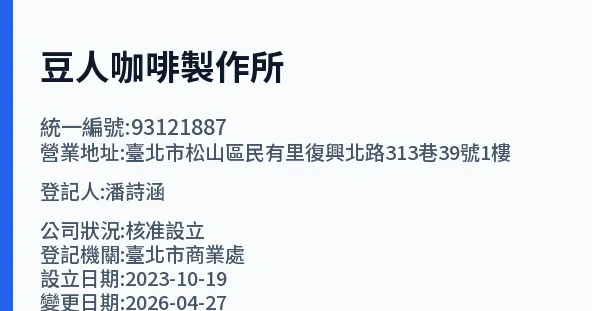 豆人咖啡製作所的照片-統編 93121887(臺北市) 公司登記資料與營業項目詳細圖表