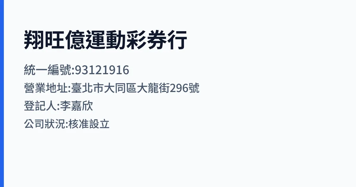 翔旺億運動彩券行 - 統編 93121916(臺北市) 公司登記資料與營業項目詳細圖表