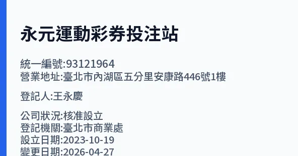 永元運動彩券投注站的照片-統編 93121964(臺北市) 公司登記資料與營業項目詳細圖表