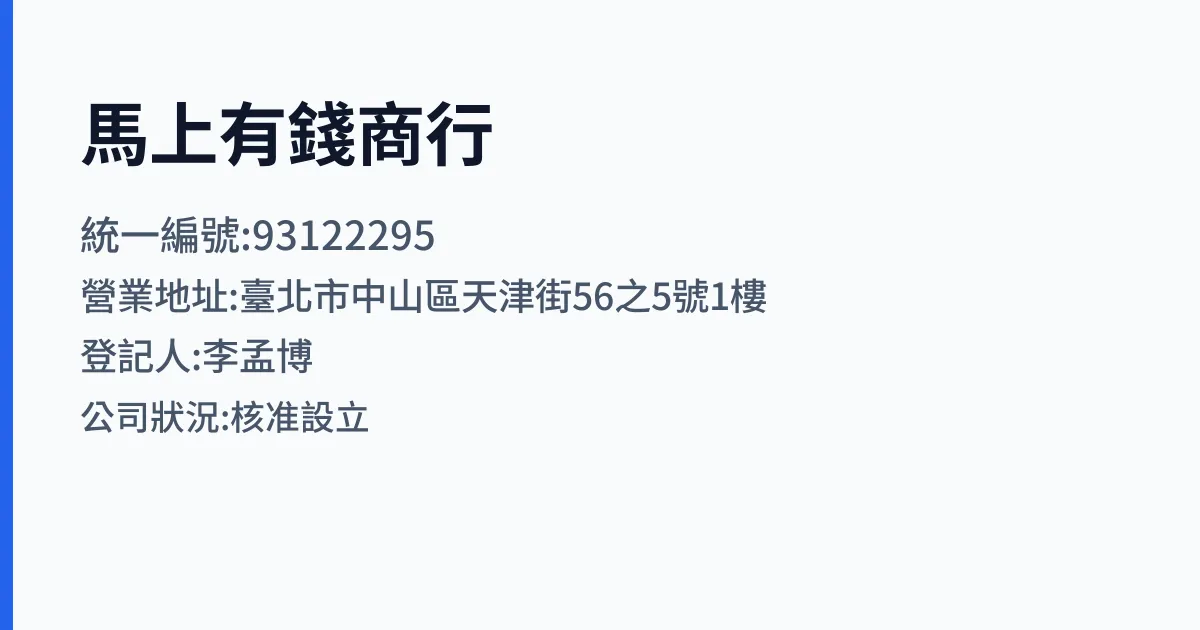 馬上有錢商行 - 統編 93122295(臺北市) 公司登記資料與營業項目詳細圖表