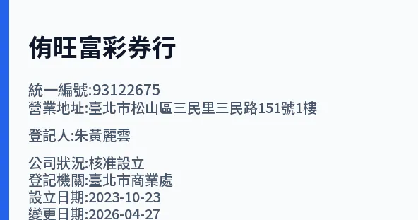 侑旺富彩券行的照片-統編 93122675(臺北市) 公司登記資料與營業項目詳細圖表