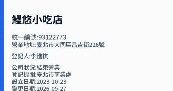 鰻悠小吃店的照片-統編 93122773(臺北市) 公司登記資料與營業項目詳細圖表