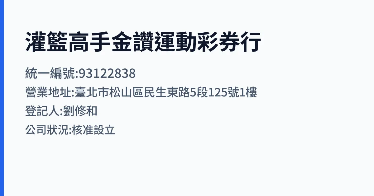 灌籃高手金讚運動彩券行 - 統編 93122838(臺北市) 公司登記資料與營業項目詳細圖表