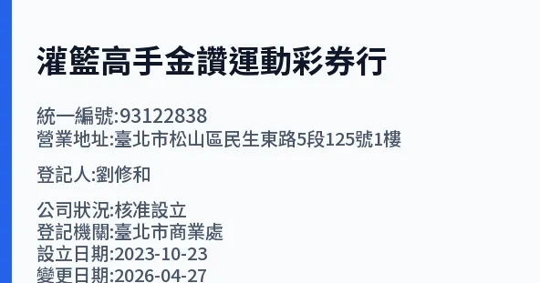 灌籃高手金讚運動彩券行的照片-統編 93122838(臺北市) 公司登記資料與營業項目詳細圖表