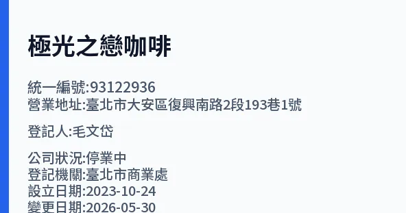極光之戀咖啡的照片-統編 93122936(臺北市) 公司登記資料與營業項目詳細圖表