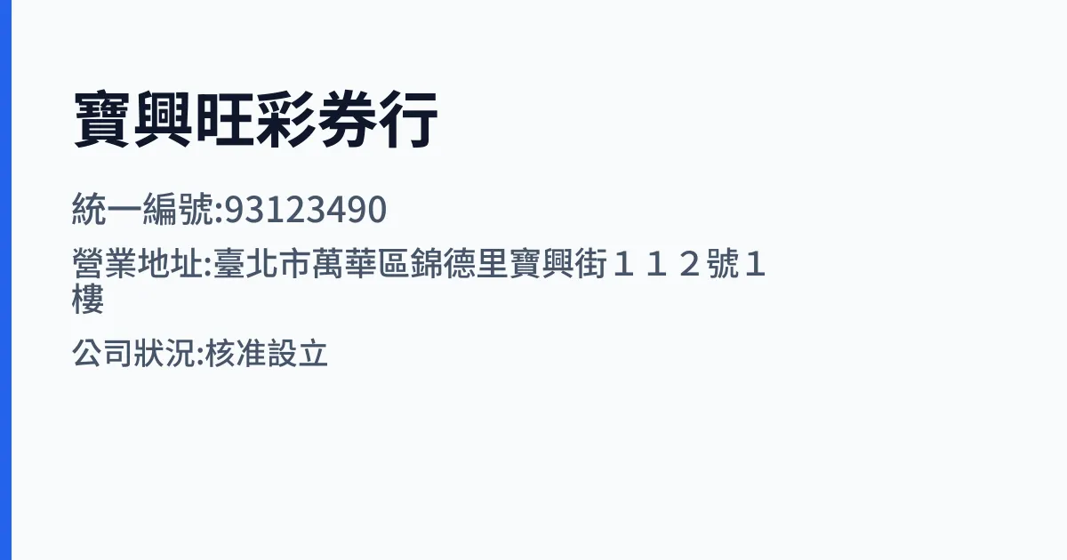 寶興旺彩券行 - 統編 93123490(臺北市) 公司登記資料與營業項目詳細圖表