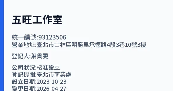 五旺工作室的照片-統編 93123506(臺北市) 公司登記資料與營業項目詳細圖表