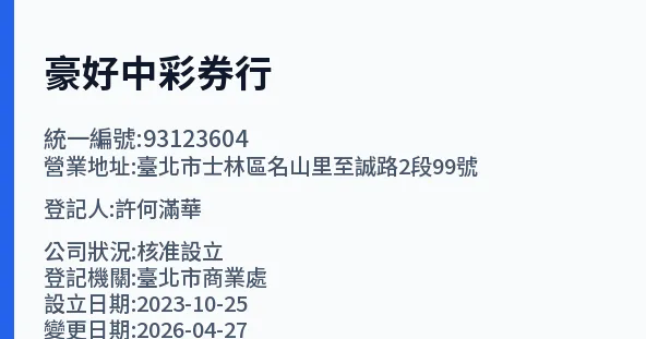 豪好中彩券行的照片-統編 93123604(臺北市) 公司登記資料與營業項目詳細圖表