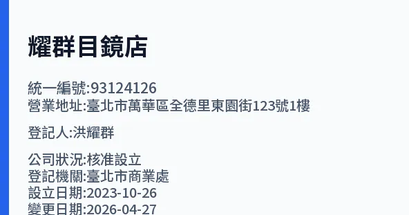 耀群目鏡店的照片-統編 93124126(臺北市) 公司登記資料與營業項目詳細圖表
