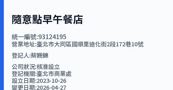 隨意點早午餐店的照片-統編 93124195(臺北市) 公司登記資料與營業項目詳細圖表
