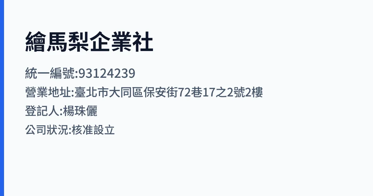 繪馬梨企業社 - 統編 93124239(臺北市) 公司登記資料與營業項目詳細圖表
