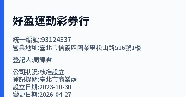 好盈運動彩券行的照片-統編 93124337(臺北市) 公司登記資料與營業項目詳細圖表