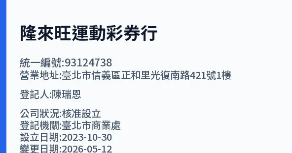 隆來旺運動彩券行的照片-統編 93124738(臺北市) 公司登記資料與營業項目詳細圖表