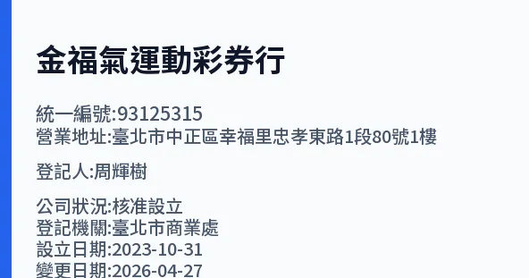 金福氣運動彩券行的照片-統編 93125315(臺北市) 公司登記資料與營業項目詳細圖表