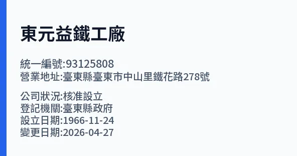 東元益鐵工廠的照片-統編 93125808(臺東縣) 公司登記資料與營業項目詳細圖表