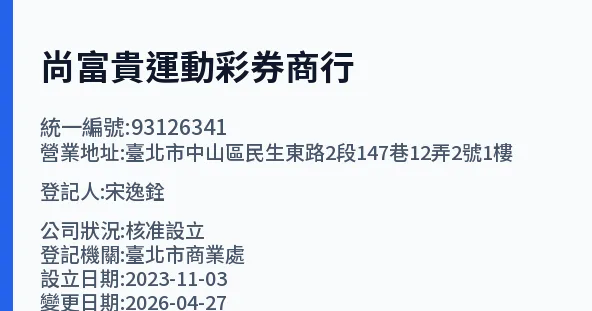尚富貴運動彩券商行的照片-統編 93126341(臺北市) 公司登記資料與營業項目詳細圖表