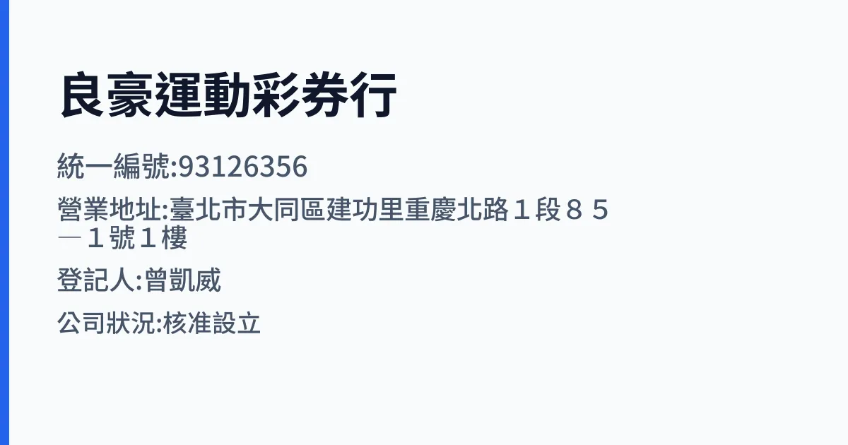 良豪運動彩券行 - 統編 93126356(臺北市) 公司登記資料與營業項目詳細圖表